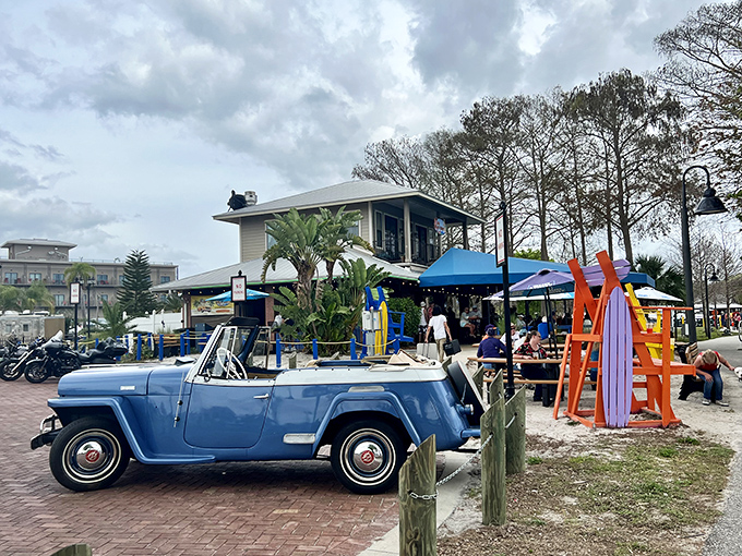 Classic Florida beach vibes meet lakeside charm. That vintage Jeepster parked out front is the automotive equivalent of the restaurant's personality &ndash; laid-back and nostalgic.