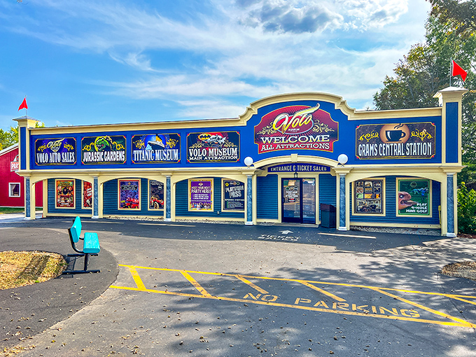 The carnival-like entrance of Volo Museum promises automotive wonders within. This colorful facade houses more mechanical celebrities than all of Hollywood combined.