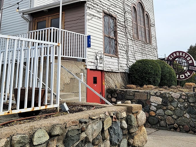 The holy trinity of dining: historic architecture, outdoor seating, and a steeple that practically screams "come worship at the altar of good food."