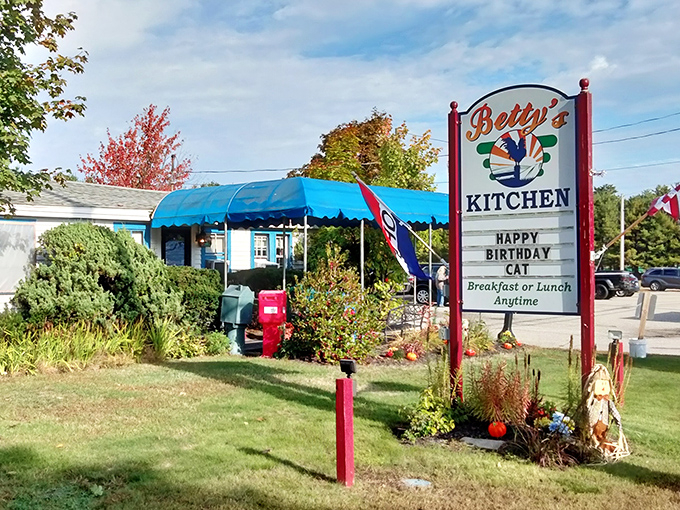 The iconic Betty's Kitchen sign welcomes hungry travelers with its cheerful red lettering and promise of "Breakfast or Lunch Anytime." Even the plants look well-fed here.