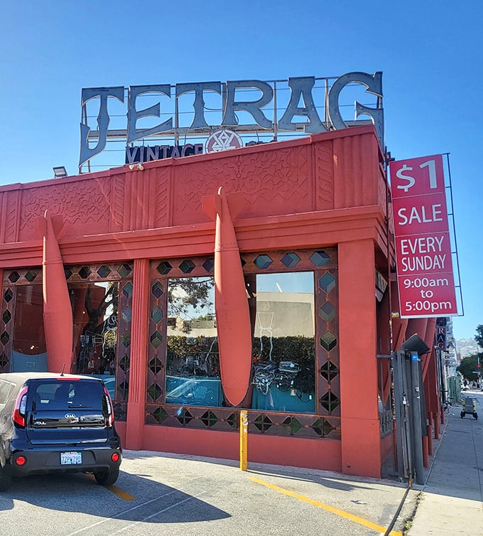 The unmistakable terracotta facade of Jet Rag stands out on La Brea Avenue like a vintage fashion lighthouse beckoning style explorers from miles around.