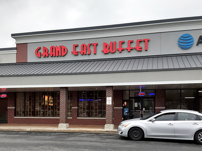 The bold red letters of Grand East Buffet beckon from this strip mall location like a lighthouse guiding hungry sailors to shore.