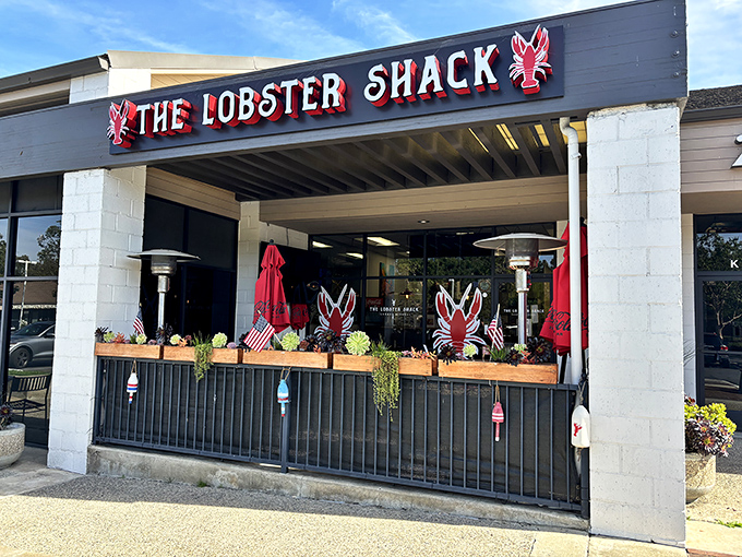 The iconic red lobster sign welcomes seafood pilgrims to this unassuming strip mall sanctuary. New England charm meets California sunshine.