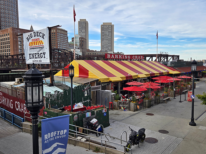 That yellow and red striped tent on Boston's waterfront isn't a circus—it's something even better for seafood lovers.
