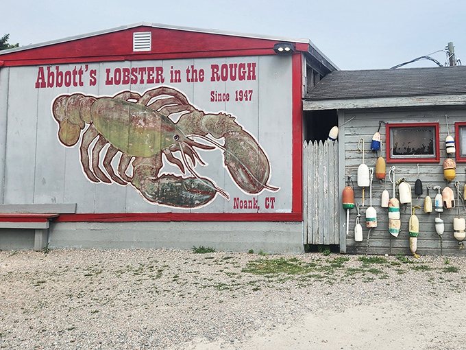 The iconic red lobster sign welcomes seafood pilgrims to this coastal shrine. Abbott's weathered charm promises authentic maritime delights ahead.