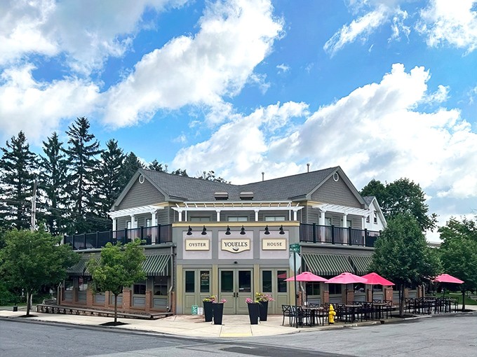 A seafood sanctuary in landlocked Pennsylvania! Youell's Oyster House stands proudly with its welcoming green awnings and cheerful red umbrellas, like a coastal mirage in Allentown.
