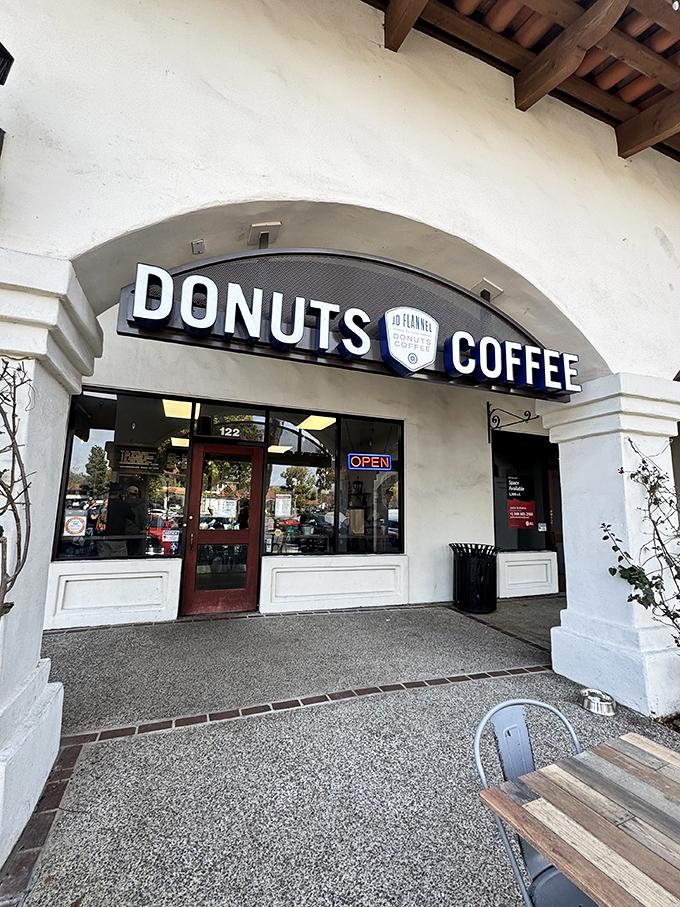 The Spanish colonial architecture of JD Flannel's storefront is like finding a donut oasis in a historic mission town. Sweet treasures await inside!