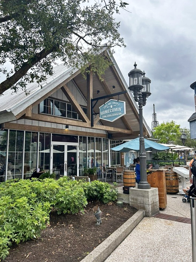 The pitched roof and wooden beams of Homecomin' aren't just architectural choices&mdash;they're a warm Southern hug before you even walk through the door.