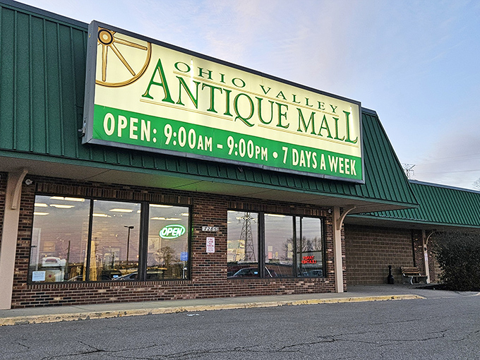 The green-trimmed facade of Ohio Valley Antique Mall beckons like a siren song to treasure hunters. Open 12 hours daily, it's practically daring you to try to see everything in one visit.