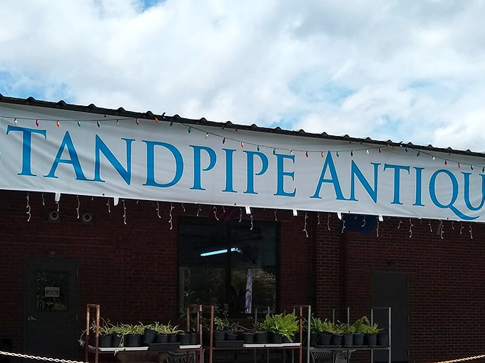 The iconic blue lettering of Standpipe Antiques beckons treasure hunters like a siren call to sailors of the secondhand seas.
