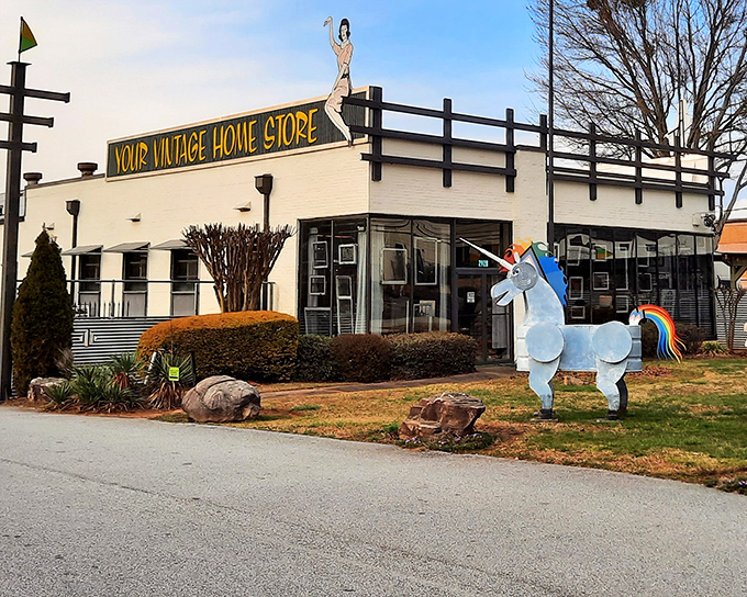 A unicorn standing guard outside Kudzu's white facade isn't just whimsical decor&mdash;it's your first clue that ordinary antique shopping has left the building.