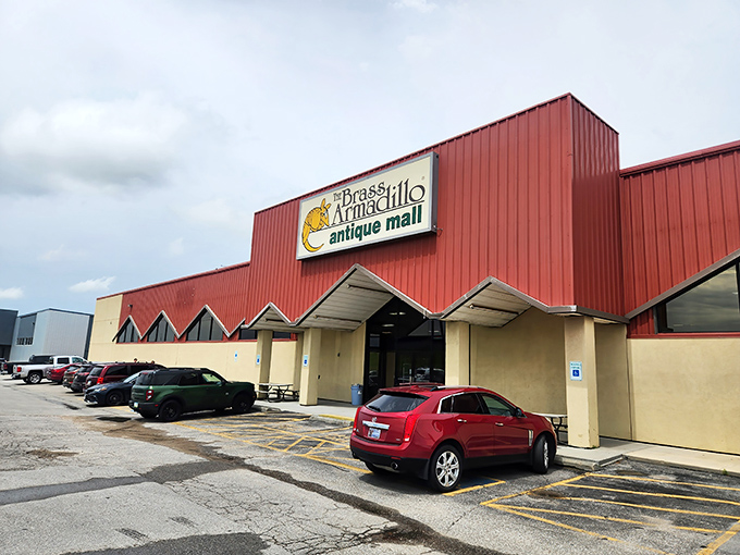 The distinctive red exterior of the Brass Armadillo stands like a beacon for treasure hunters. That armadillo knows where the good stuff is hiding!