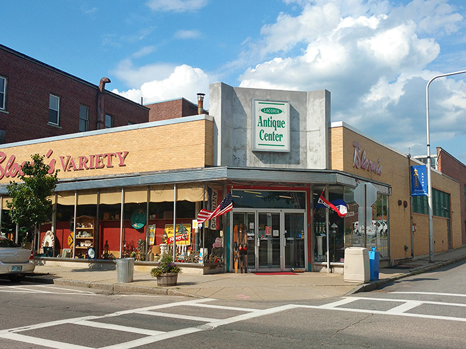The unassuming storefront of Laconia Antique Center beckons with vintage charm, like a time portal disguised as a downtown shop.