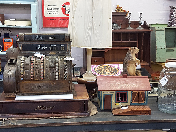 Vintage cash registers and quirky collectibles line the shelves at Antiques Village, where every item feels like a glimpse into another era.