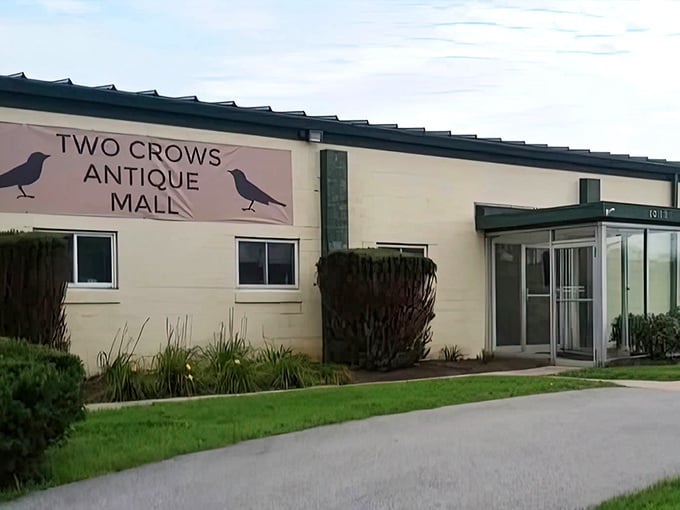 The modest exterior of Two Crows Antique Mall gives little hint of the wonderland within — a time-travel portal cleverly disguised as an ordinary building.