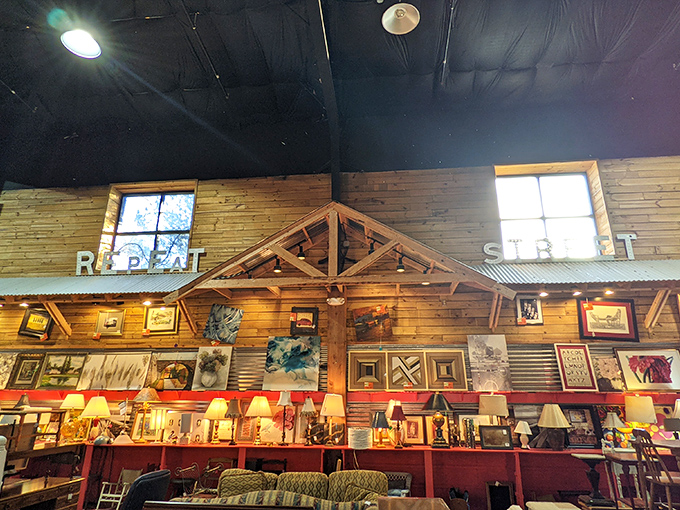 Racks upon racks of fashion treasures await under rustic wooden beams, where yesterday's styles become tomorrow's statement pieces.