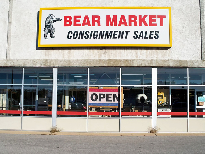 The unassuming storefront of Bear Market Consignment Sales stands like a treasure chest waiting to be opened. No fancy frills needed when the real magic happens inside. 