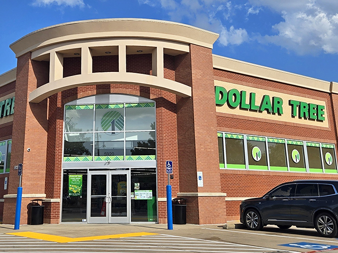 The brick facade of Dollar Tree in Plano stands like a temple to thriftiness, its green signage a beacon for bargain hunters across North Texas.