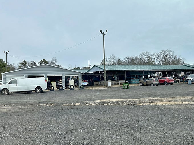 The unassuming exterior of Lee County Flea Market hides a wonderland of bargains waiting to be discovered inside these metal-roofed buildings.