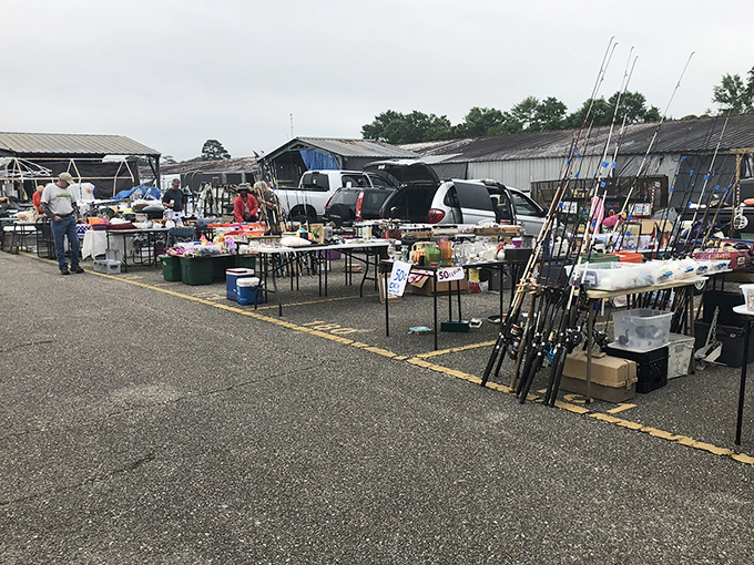 Fishing rods standing at attention like soldiers, waiting for their next commander to take them on aquatic adventures.