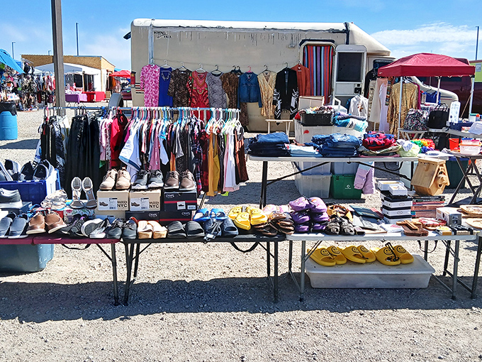 Tables laden with footwear treasures stretch toward the horizon&mdash;proof that someone else's castoffs might be your perfect fit.