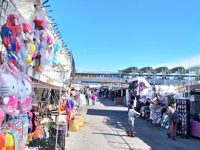 Colorful stuffed animals and toys line the walkways at San Jose Capitol Flea Market, creating a vibrant corridor of childhood nostalgia under the perfect California sky.
