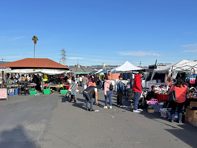 Treasure hunters navigate the labyrinth of vendor stalls under California's blue skies, where one person's castoffs become another's prized discoveries.