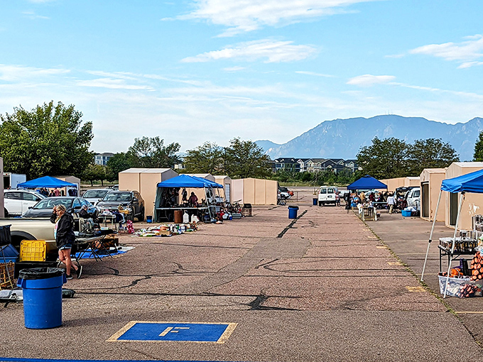 The Colorado Springs Flea Market sprawls beneath Pikes Peak, where treasure hunters navigate rows of canopied possibilities against that impossibly blue Colorado sky.