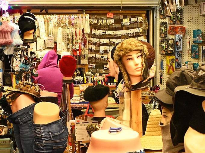 A treasure hunter's paradise where hats and accessories hang like exotic fruit waiting to be plucked from the retail jungle.