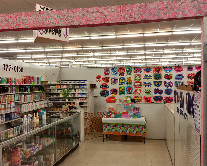 A colorful vendor booth that's part carnival, part retail therapy. These vibrant displays are the flea market's version of mood-enhancing medication.