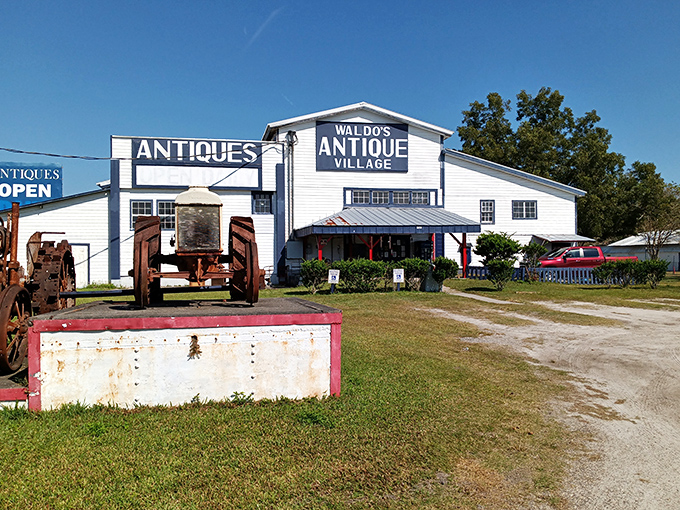 Waldo's Antique Village welcomes visitors with vintage tractors out front, setting the stage for a treasure hunt through North Florida&rsquo;s antique haven.