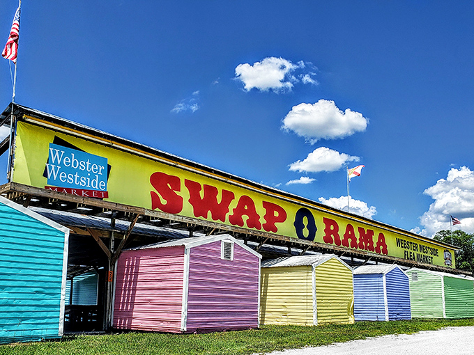The rainbow-colored stalls of Swap-O-Rama pop against the Florida sky like a bargain hunter's paradise waiting to be explored.