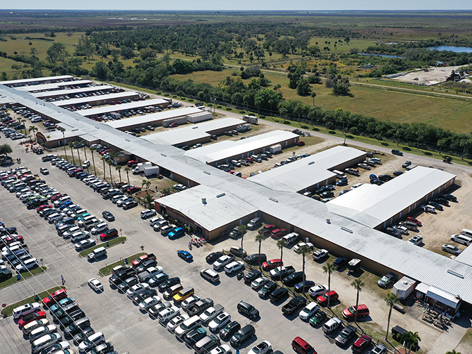 From this aerial view, Renninger's resembles a small city of commerce. Cars fill the lot like pilgrims gathering at a bargain-hunting mecca.