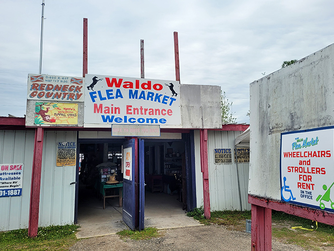 The gateway to treasure hunting paradise! This no-frills entrance promises adventures that fancy malls simply can't deliver.
