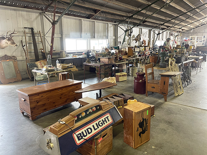 Treasure hunter's paradise: Wooden chests and vintage furniture await new homes in this sprawling indoor section where yesterday's craftsmanship meets today's decorating dreams.