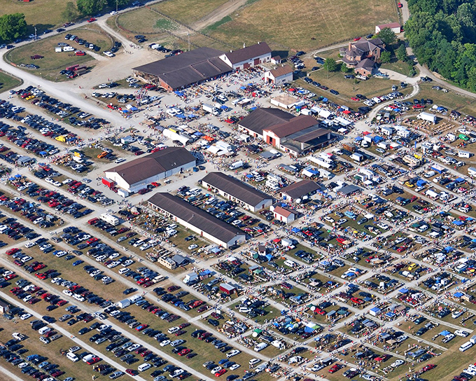 The aerial view of White's Farm resembles a small city of treasures, where thousands of bargain hunters converge in a carefully organized chaos of possibility.