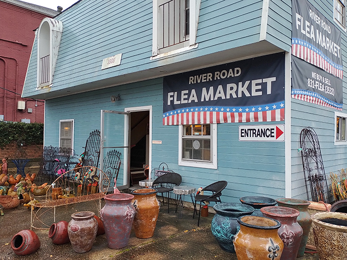 The blue beacon of bargain hunting stands proudly along River Road, promising treasures that won't break the bank but might fill your trunk.