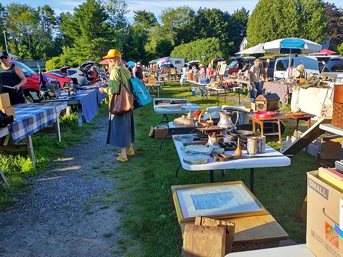 Early morning treasure hunters navigate the gravel pathways between tables laden with potential finds. The thrill of discovery hangs in the summer air.
