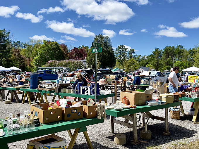A treasure hunter's paradise under Maine's blue skies. Tables laden with possibilities stretch as far as the eye can see.