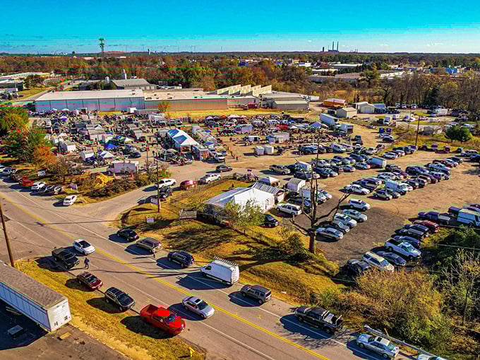 From above, the 8th Ave Flea Market resembles a small pop-up city, where treasure hunters navigate a maze of potential discoveries under Maryland's blue skies.