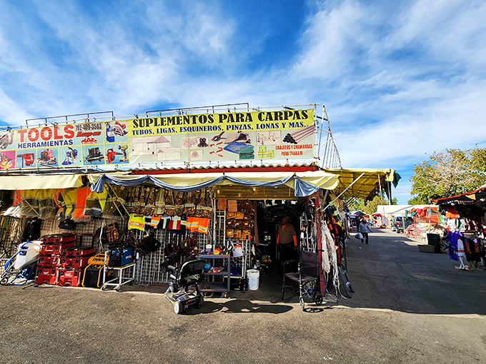 Where bargain hunters and treasure seekers converge! This bustling aisle of vendor stalls offers everything from tools to household goods under the brilliant Nevada sky.