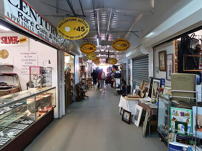 The indoor corridors of Englishtown house treasures waiting to be discovered, with numbered stalls guiding you through this labyrinth of possibilities.