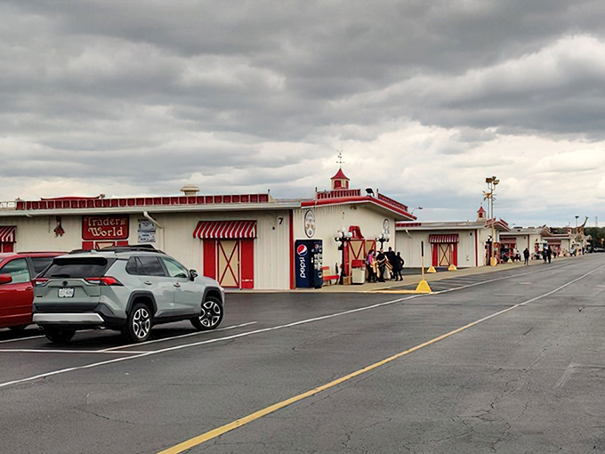 The red and white buildings of Traders World stand like sentinels of savings, promising treasure hunters a day of discovery under Ohio skies.