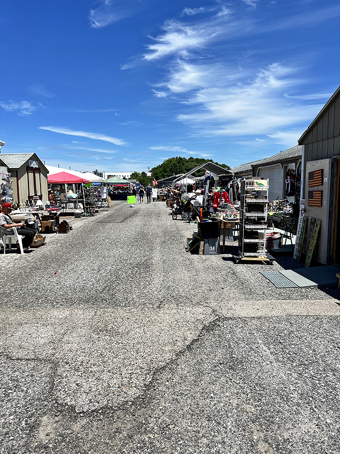 The outdoor vendor area at Morningstar Marketplace creates a festival-like atmosphere where treasures await under the Pennsylvania sky.