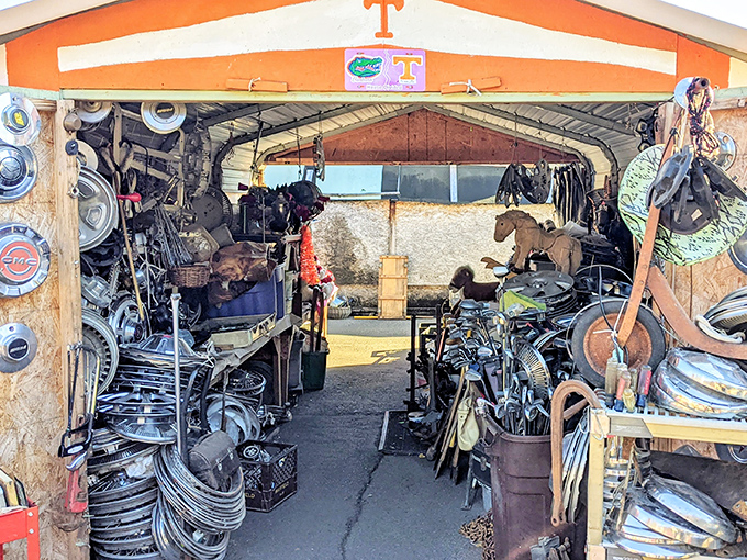The Great Smokies Flea Market stands proud under Tennessee blue skies, like a cathedral of commerce where bargain hunters worship at the altar of "good finds."