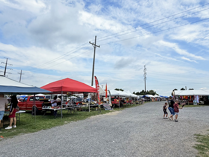 The treasure hunt begins! Rows of colorful canopies stretch across the gravel expanse of Shen-Valley, each one promising undiscovered gems and unexpected delights.