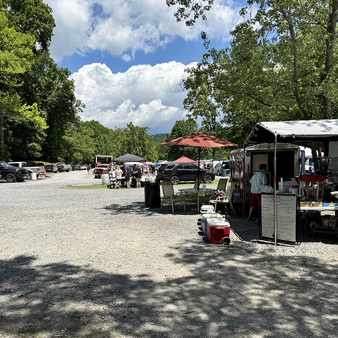 Under a canopy of West Virginia greenery, shoppers browse while vendors showcase their wares on a picture-perfect market day.