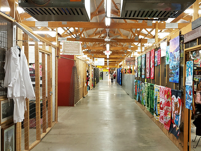 Long corridors of possibility stretch before you at Milton Flea Market, where wooden beams frame an adventure waiting to unfold.
