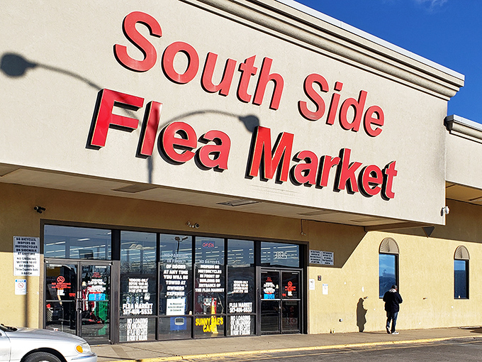 The iconic red signage of South Side Flea Market beckons like a siren call to treasure hunters across Indianapolis. Adventure awaits behind those doors!