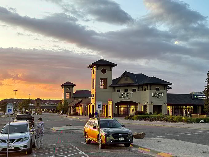 Sunset shopping takes on a magical quality as the LOFT storefront glows in the golden hour light. Even your car looks more stylish in this setting.